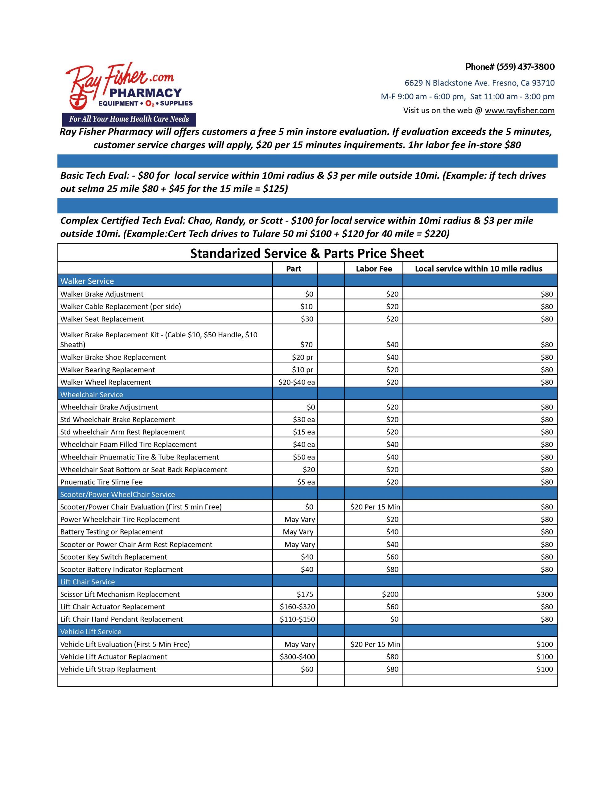Service & Repair Standardized pricing sheet - Ray Fisher Pharmacy ...